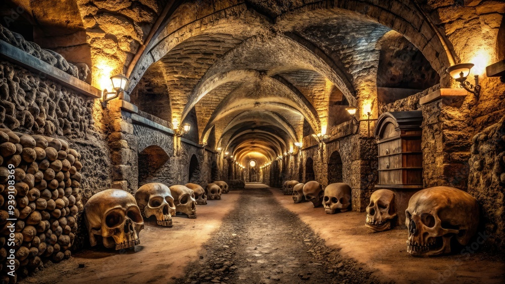 Dramatic dimly-lit catacombs with ancient stone walls, arched ceilings ...