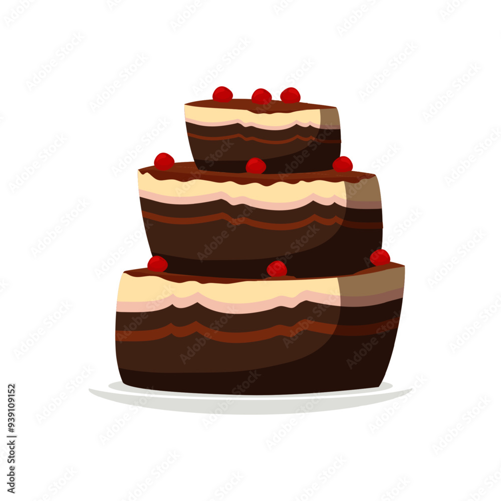Birthday chocolate cake with candles and cherry for party. Sweet multi ...