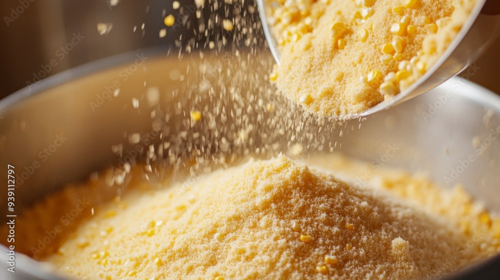 Detailed shot of cornmeal being poured into a mixing bowl, with the ...