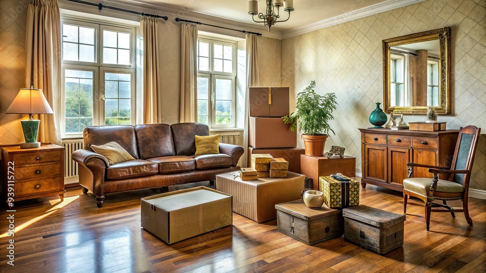 Empty living room in a inherited home with old furniture, family ...