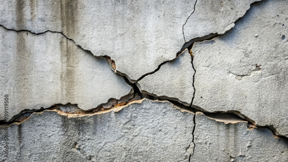 Fissured concrete wall with a fractured overlay, revealing a deep crack ...