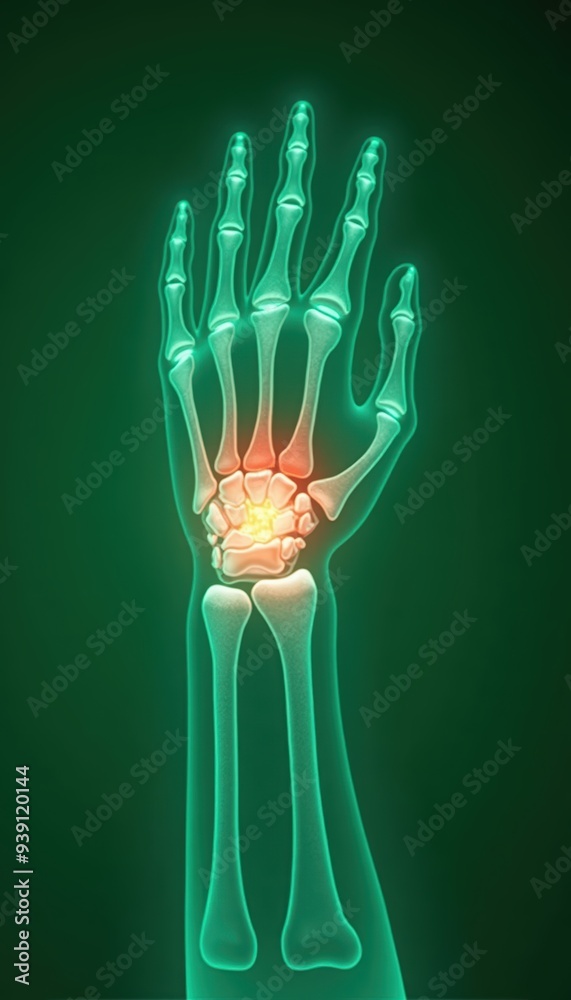 A detailed x-ray of a human hand highlighting the wrist area ...