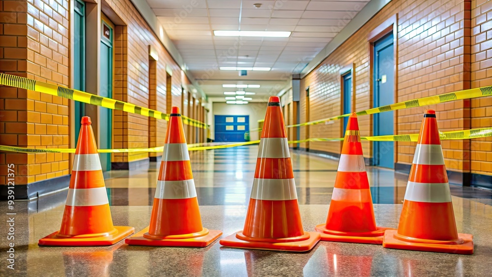 Fluorescent orange cones and caution tape block a school hallway ...