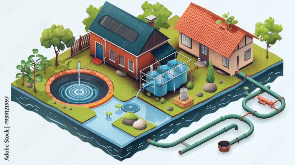 Rainwater harvesting system isometric diagram, illustration scheme with ...
