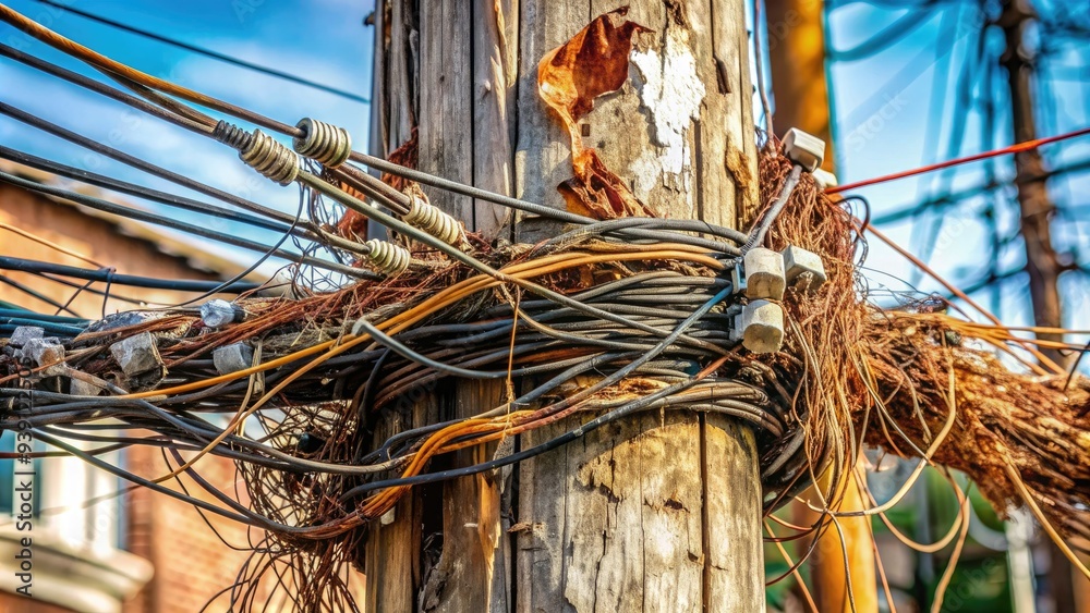 Fractured and tangled electrical wires hang precariously from a post ...