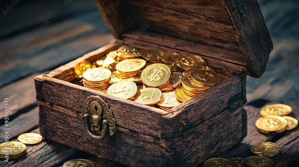 Wooden Treasure Chest Overflowing with Crisp Bundles of Cash and ...