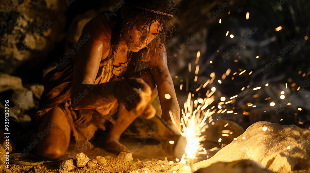Neanderthal woman creating fire with flint in a cave setting. Stock ...