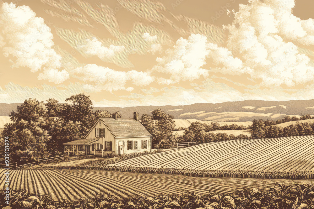 Engraving illustration depicting a peaceful farm scene with a farmhouse ...