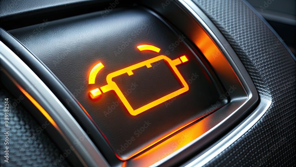 Glowing orange dashboard warning light illuminates amidst sleek black ...