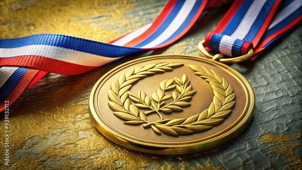 Gold medal with ribbon and olive branch on a stylized background ...