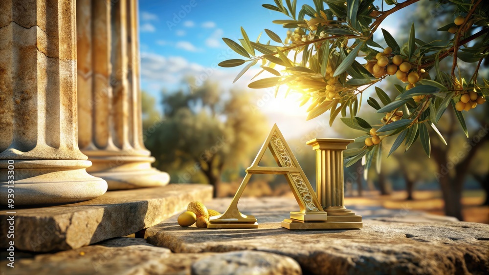 Golden Greek letter alpha symbol leaning against a rustic stone column ...