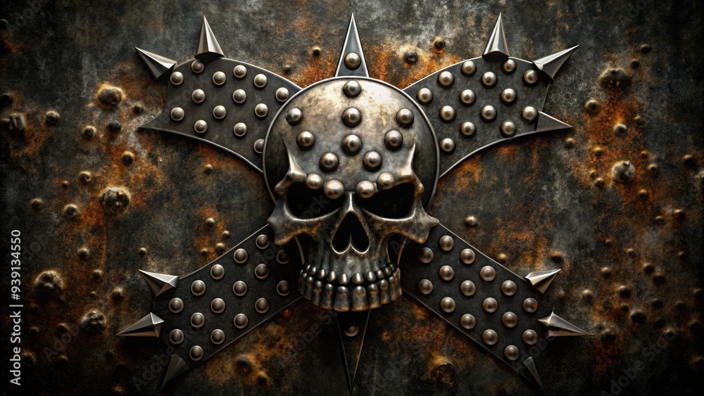 Gothic-inspired black metal font with distressed edges and rivets on a ...