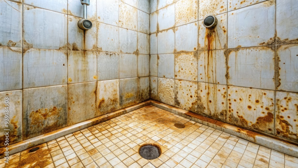 Grime and soap scum cover the shower walls and floor, surrounded by ...