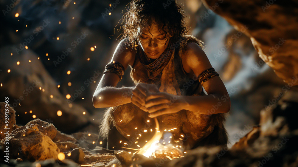 Neanderthal woman creating fire with flint in a cave setting. Stock ...