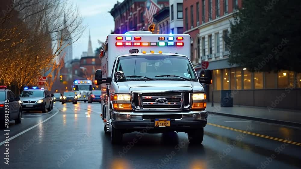 Emergency response in action on a rainy City street with iconic skyline ...