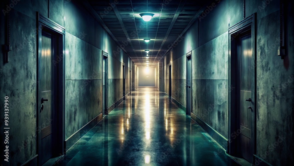 Eerie, dimly lit corridor with haunting shadows, creating a sense of ...