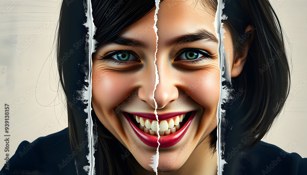 ภาพประกอบสต็อก Composite photo collage of smile girl parts face bipolar ...