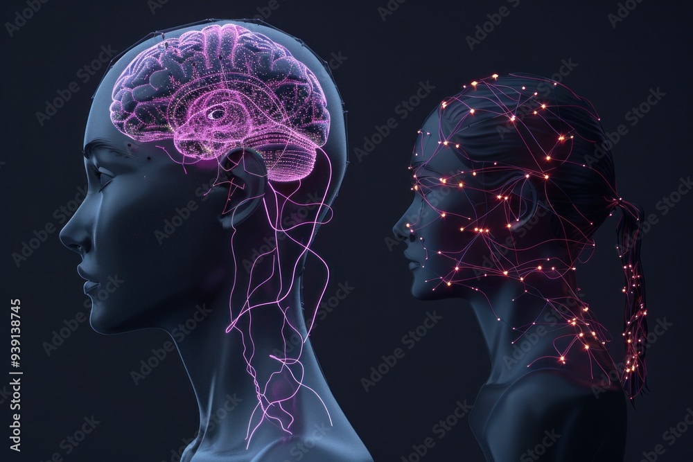 Abstract representation of a human brain and neural connections in a ...