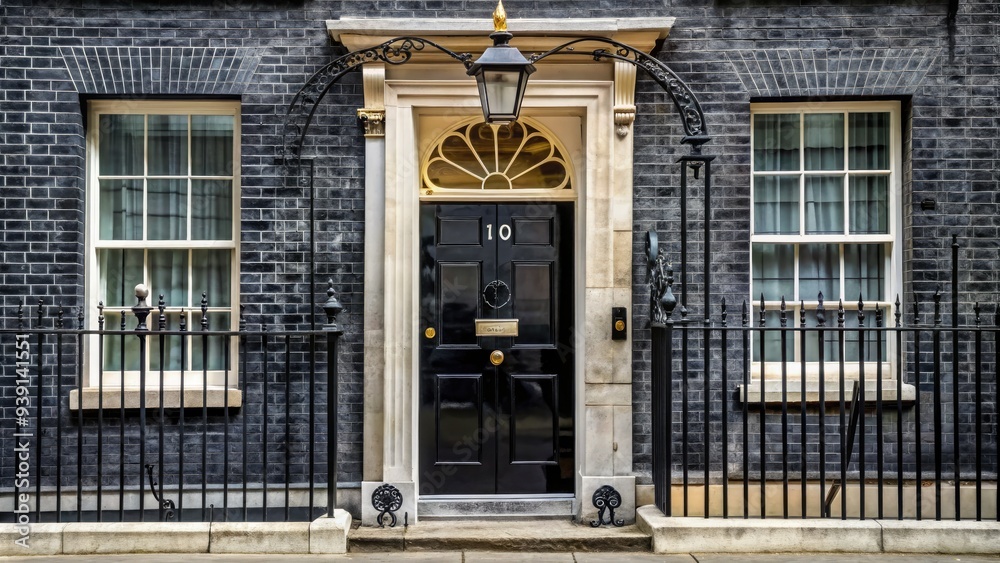 Iconic British architecture lines the pavement as a stately black door ...