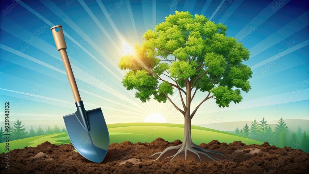 Illustration of a shovel digging into the earth around a newly planted ...