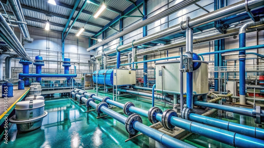 Industrial water treatment facility with massive pipes and machinery ...