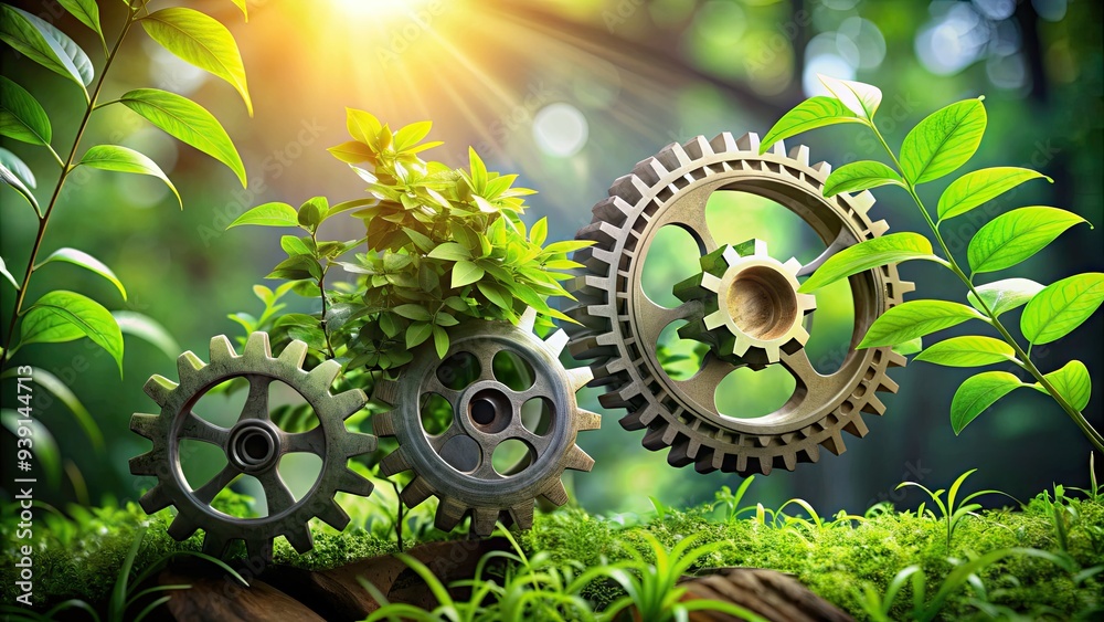 Interconnected gears and lush green plants form a harmonious business ...