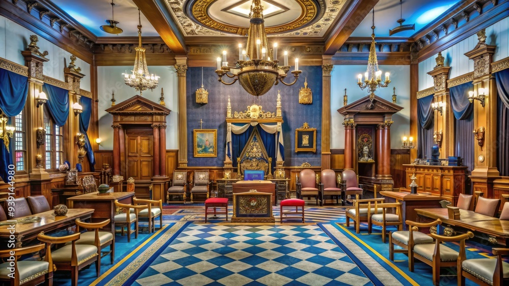 Interior of a historic Masonic lodge with ornate furnishings ...
