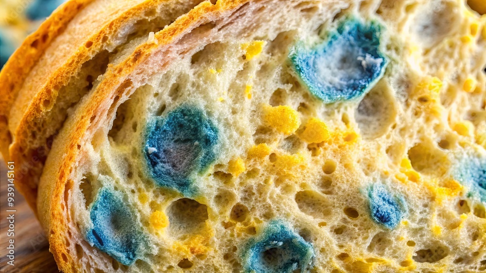 Close up of moldy bread with blue and yellow spots, bread mold fungus ...