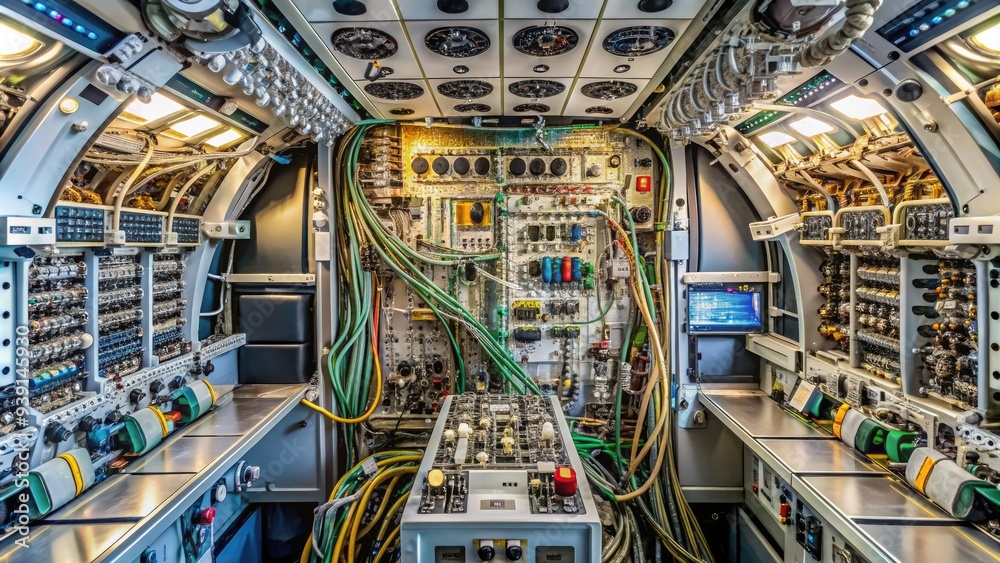 Intricate network of wires, circuits, and hydraulic systems visible ...