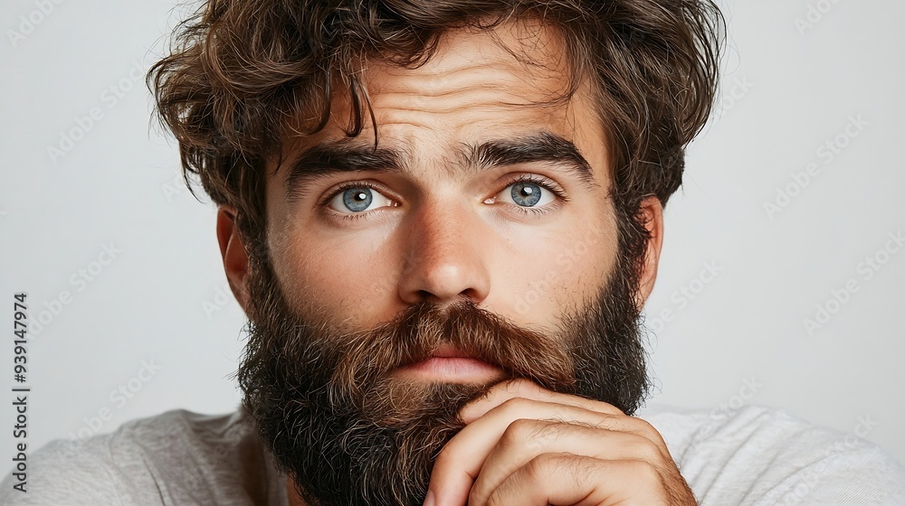 Image of hesitant unshaven European male with thick beard holds chin ...