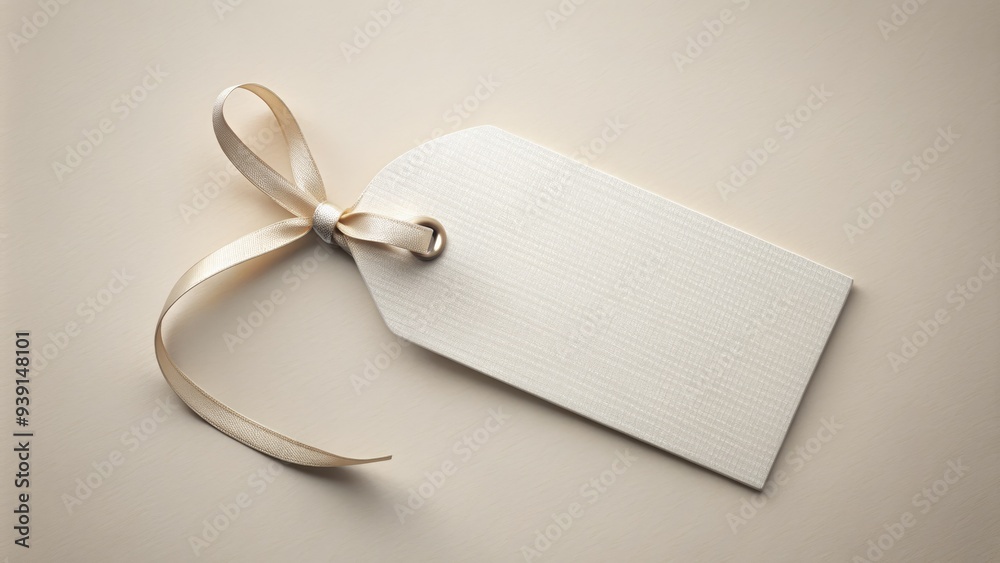 Isolated white price tag with a elegant ribbon and a subtle shadow on a ...