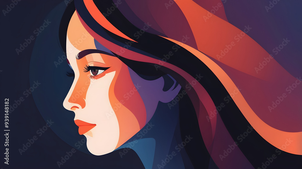 Artistic profile of woman in warm, gradient tones, vibrant evening ...