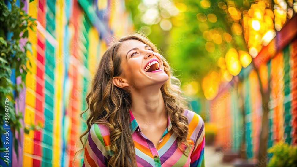 Joyful woman throws her head back in uncontrollable laughter, eyes ...