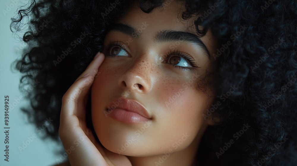 Hmm Suspicious thoughtful young mixed race female with black curly hair ...