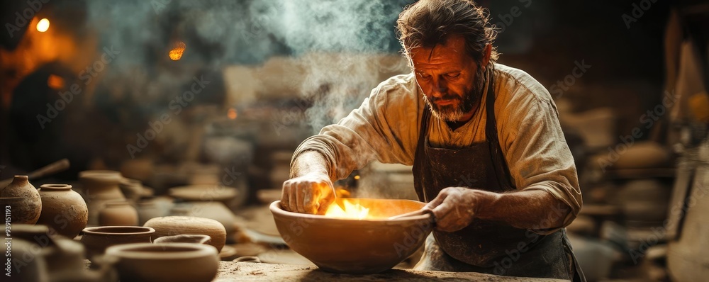 A potter firing a kiln using a traditional method, creating pottery ...