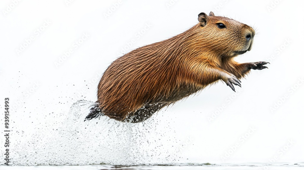 Happy capybara captured mid-air as it jumps out of the water, set ...