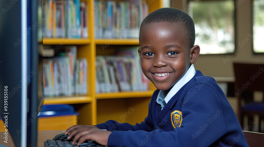 Young African student in a school uniform happily interacting with a ...