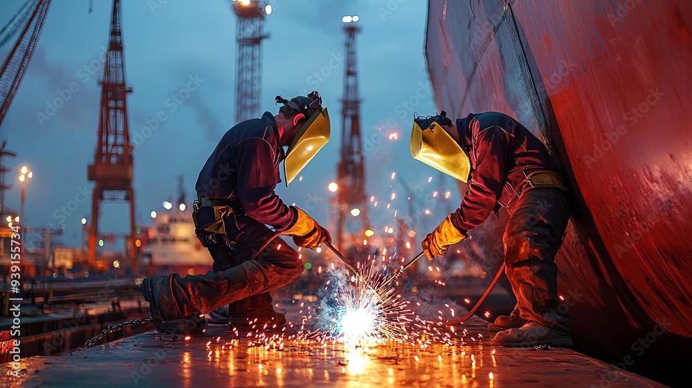 Marine Engineer Workers Welding Ship A striking industrial scene of ...