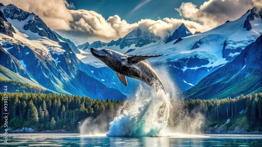 Majestic humpback whale breaching emerald waters, misty sea spray ...