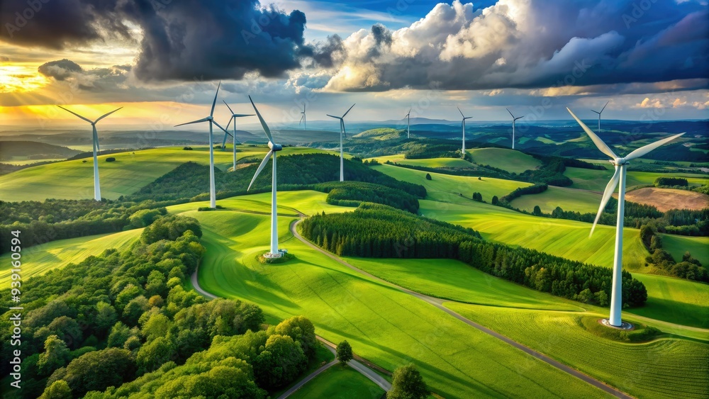 Majestic wind turbines towering above a sprawling green landscape ...