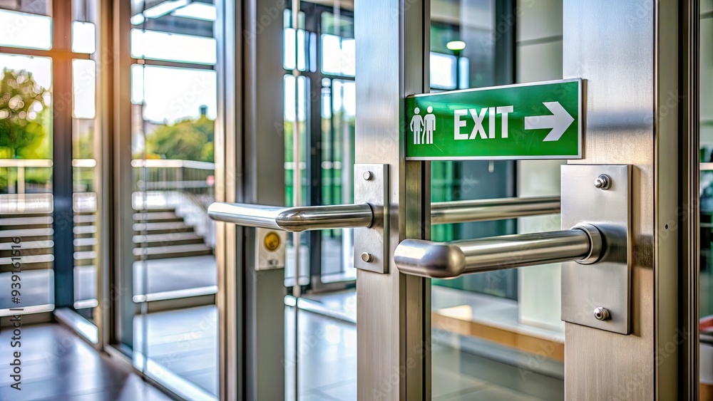 Metal push bar exit door handle with a sign indicating emergency exit ...