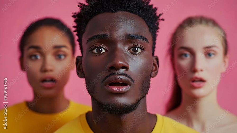 Shocked stupefied dark skinned man and their companions pose against ...