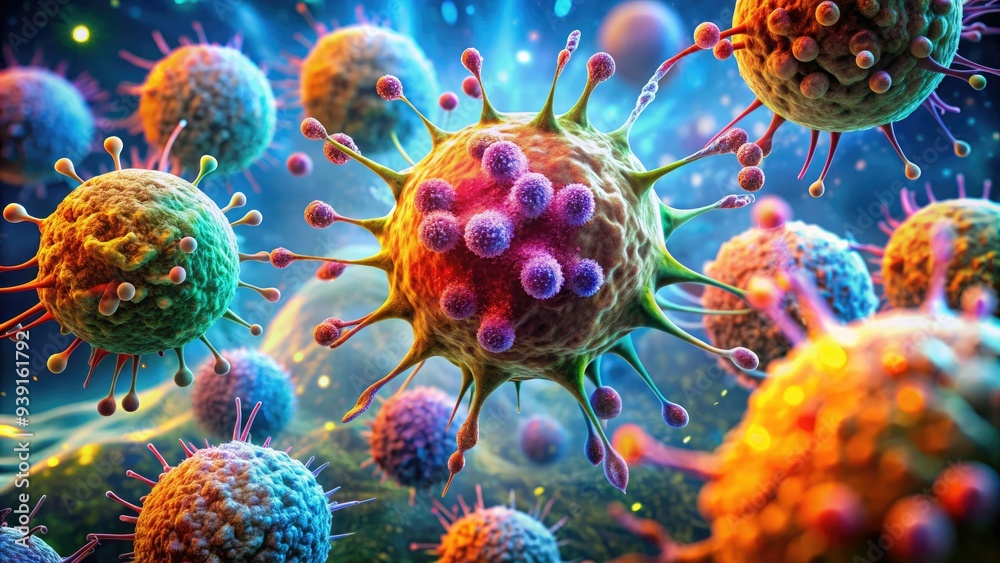 Microscopic illustration of cancer cells being attacked and destroyed ...