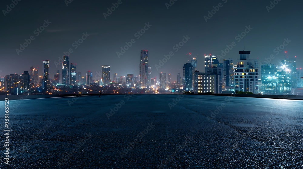 Bangkok urban cityscape skyline night scene with empty asphalt floor on ...