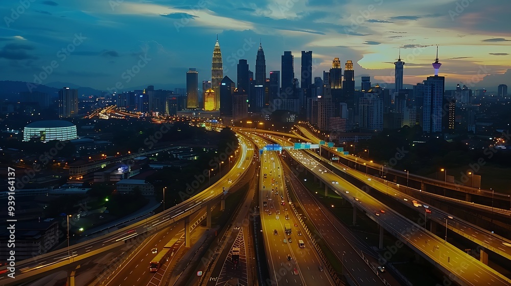Low angle curvy flyover highway moving forward road with kuala lumpur cityscape evening scene ...
