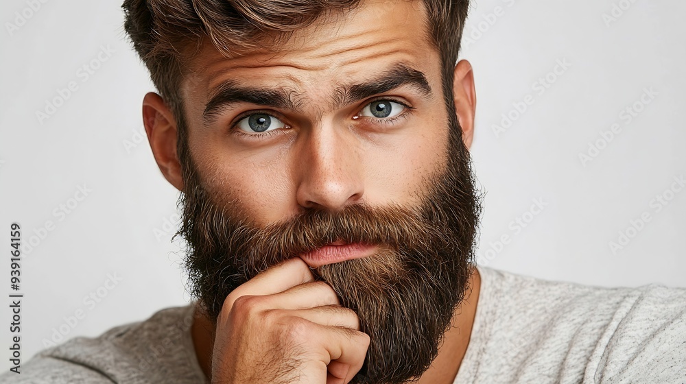 Image of hesitant unshaven European male with thick beard holds chin ...