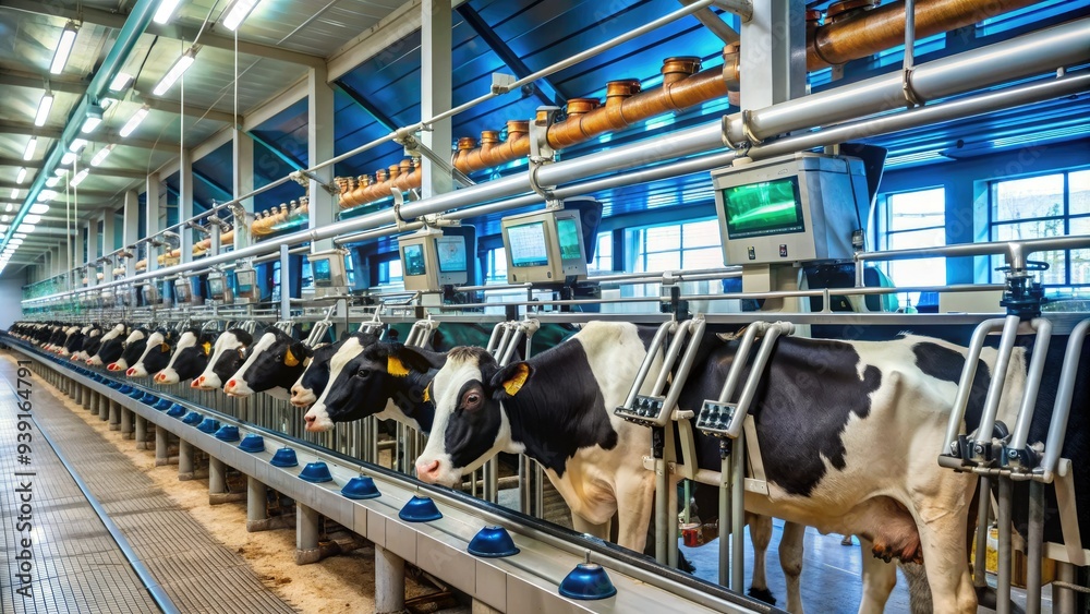 Modern dairy farm with automated milking machines, sensors, and digital ...