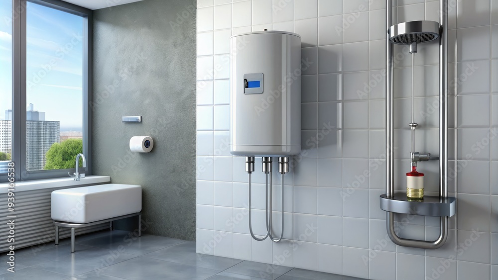 Modern instantaneous water heater installed on a wall in a sleek ...