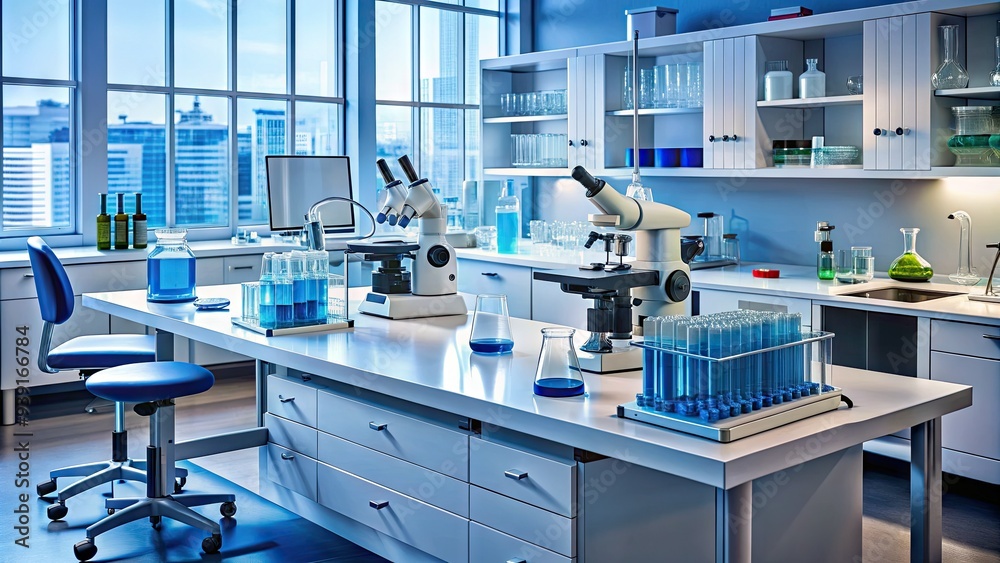 Modern laboratory equipment and supplies, including microscopes, test ...