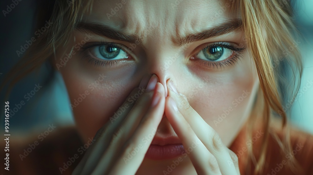 Female gesture smells bad Headshot woman pinches nose with fingers ...